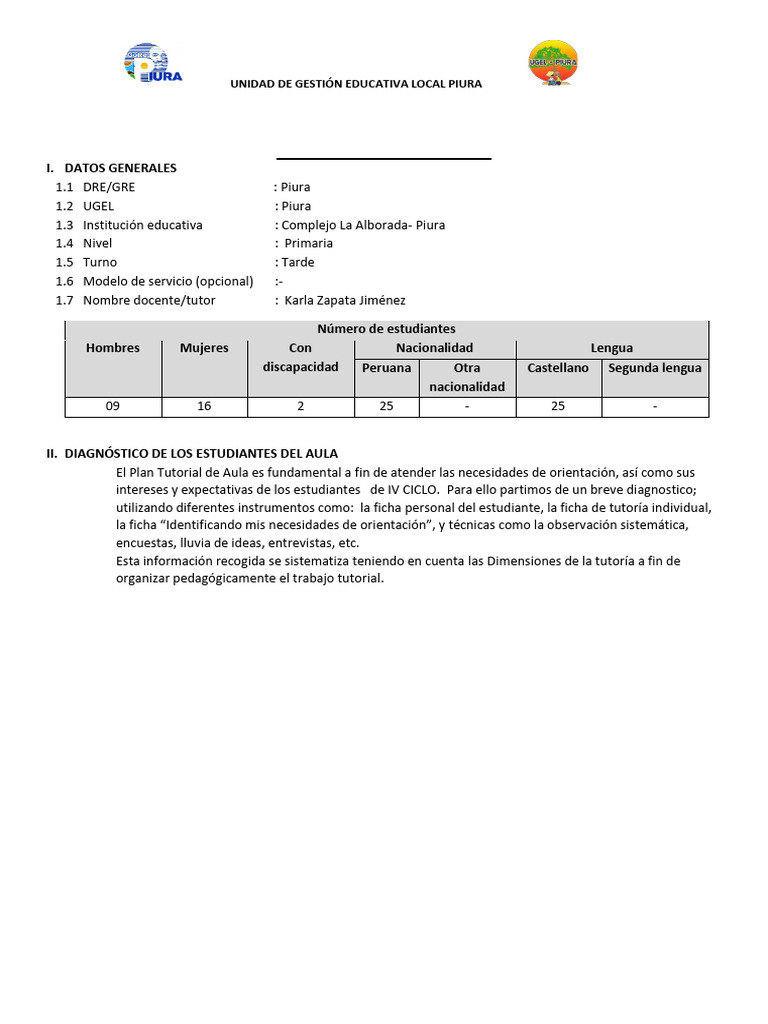 PLAN TUTORIAL DE AULA FORMATO UGEL 2024 CUARTO GRADO B | PDF