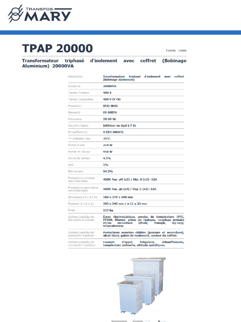 Transfo Isolement 20KVA SEY33465 - FICHE - 1 | PDF
