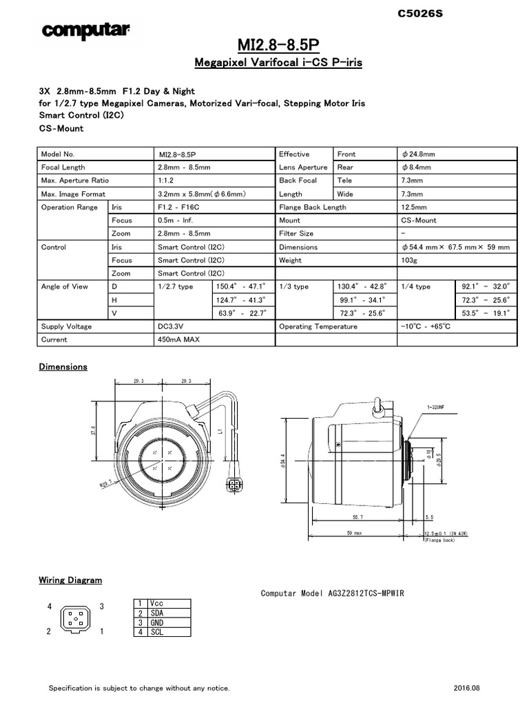 MI2.8-8.5P Megapixel Varifocal i-CS P-iris Lens Spec Sheet | PDF