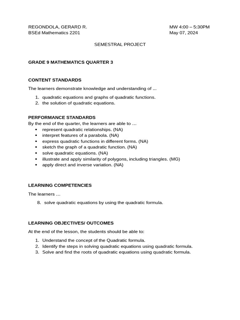 REGONDOLA SEM PROJ Ed 108 | PDF | Quadratic Equation | Equations