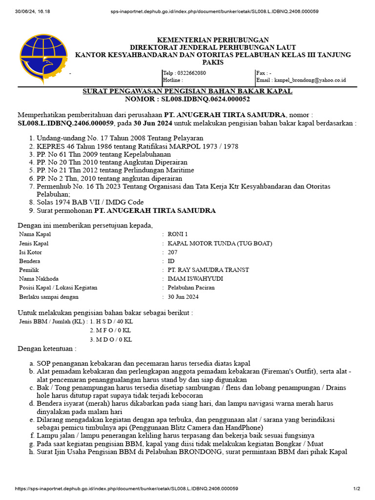 Ijin Bunker Roni 1 Asdp | PDF