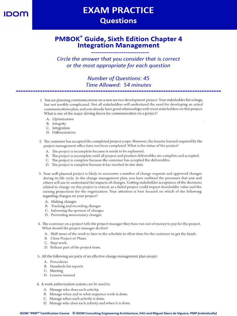 Questions: Pmbok Guide, Sixth Edition Chapter 4 Integration Management | PDF
