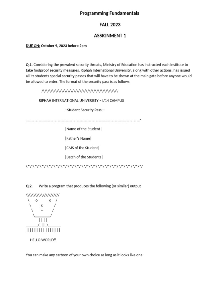 CS1134 - Programming Fundamentals - Assignment 1 - BS SE (FALL 2023) | PDF