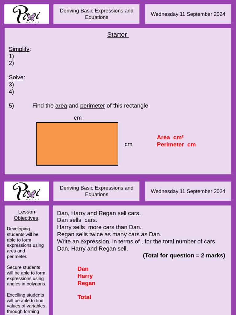Deriving Basic Expressions and Equations PixiPPt | PDF | Area | Rectangle