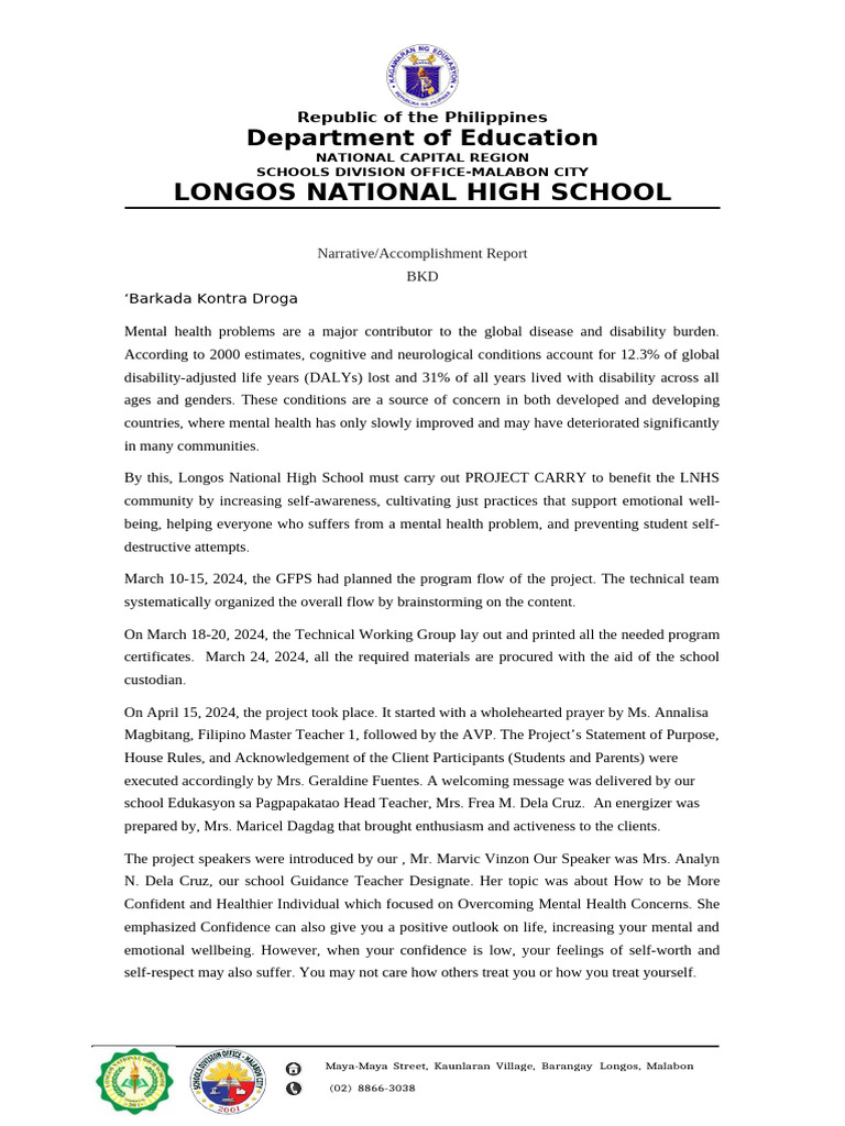 GAD I accomplishment report-NARRATIVE | PDF