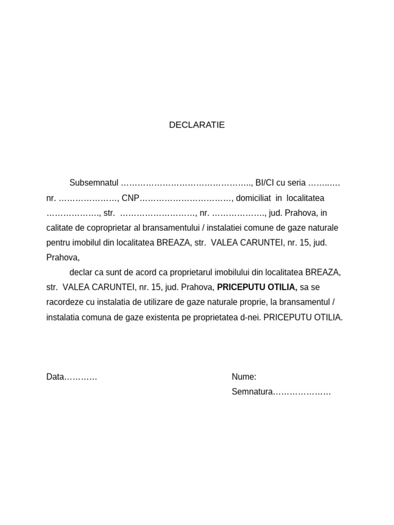 Declaratie Coproprietari Bransament | PDF