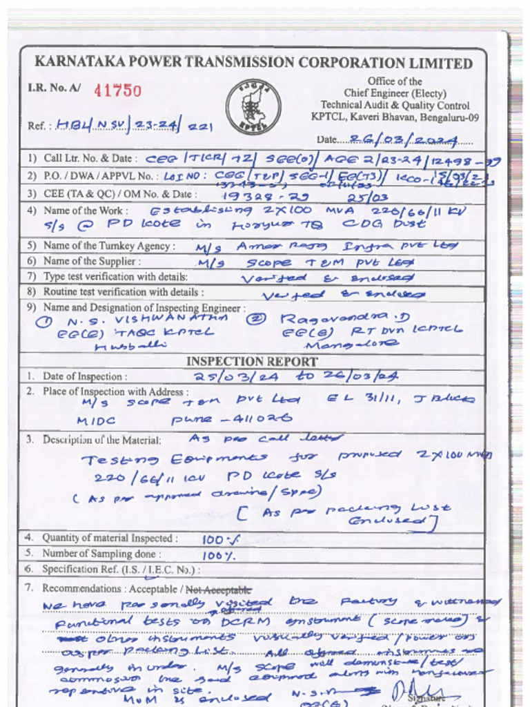 KPTCL Amar Raja Inspection Scan Documents | PDF