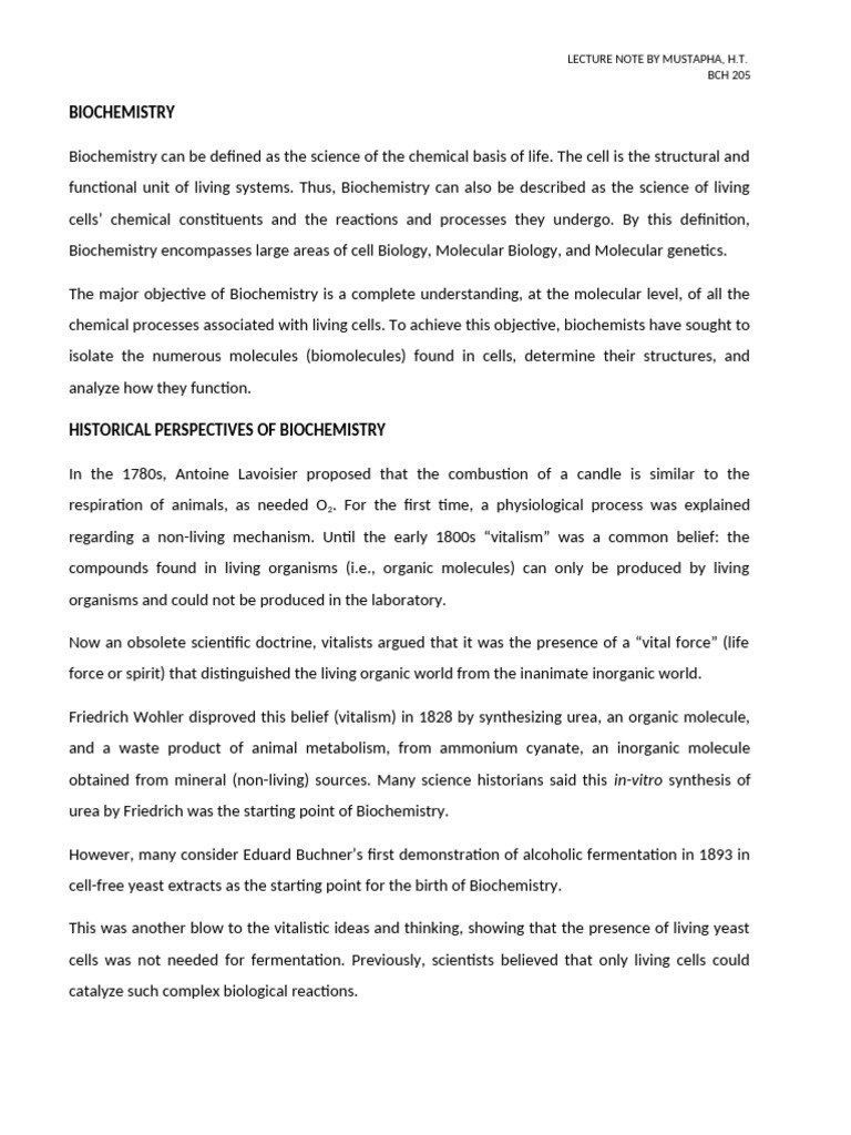 Bch205 Lecture Note 1 | PDF