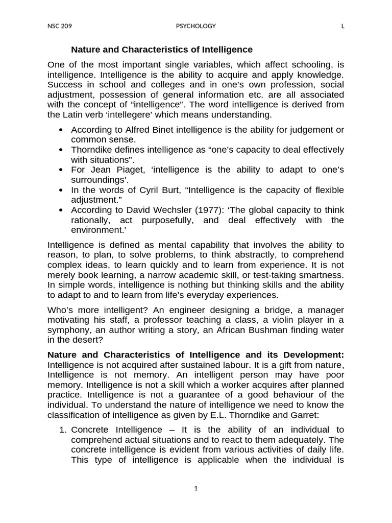 Lecture 7 - Nature and Characteristics of Intelligence | PDF