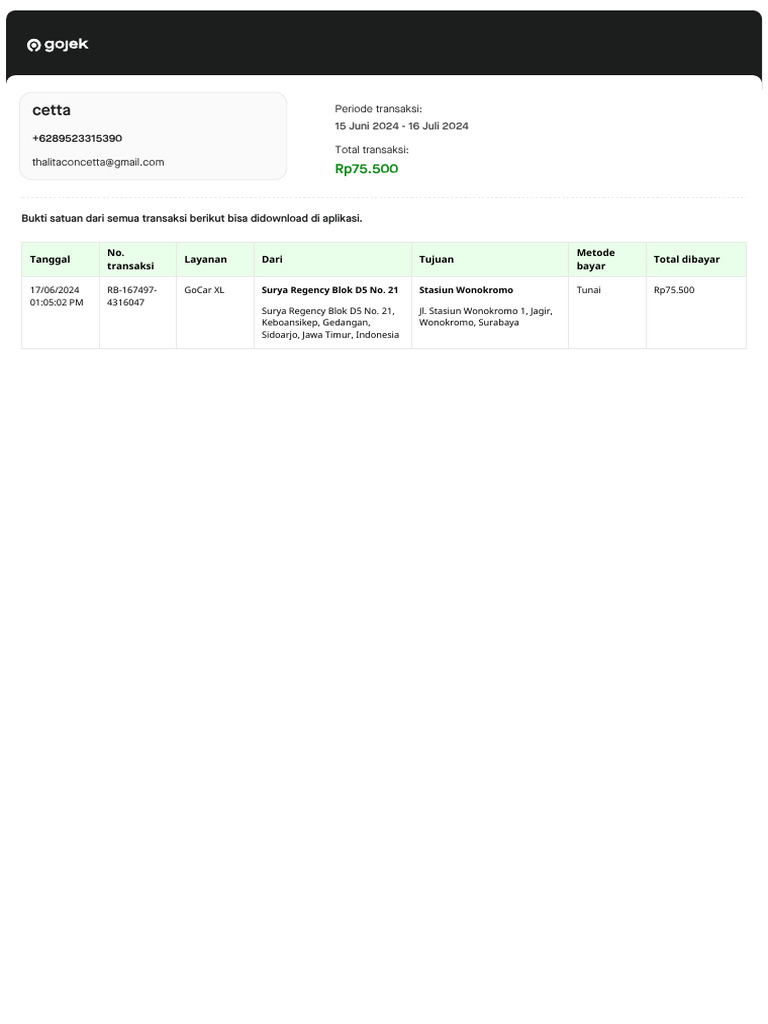 Riwayat Transaksi Gojek 150624-160724 | PDF