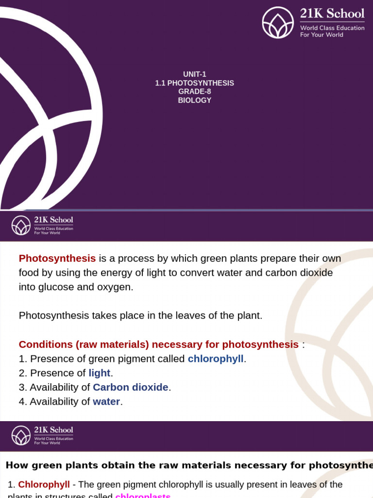 Photosynthesis: UNIT-1 1.1 Photosynthesis Grade-8 Biology | PDF