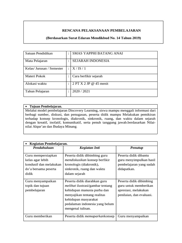 1.RPP Sejarah Wajib KLS X | PDF