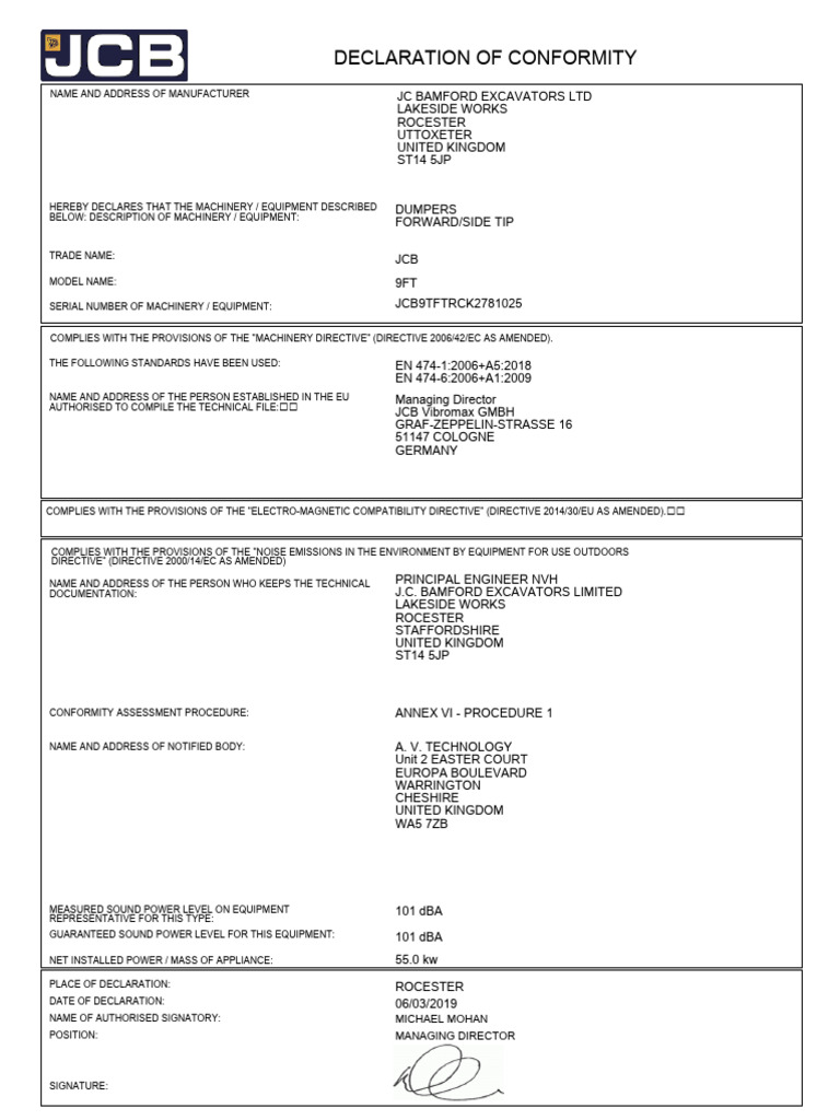JCB 9FT Declaration of Conformity 2781025 | PDF