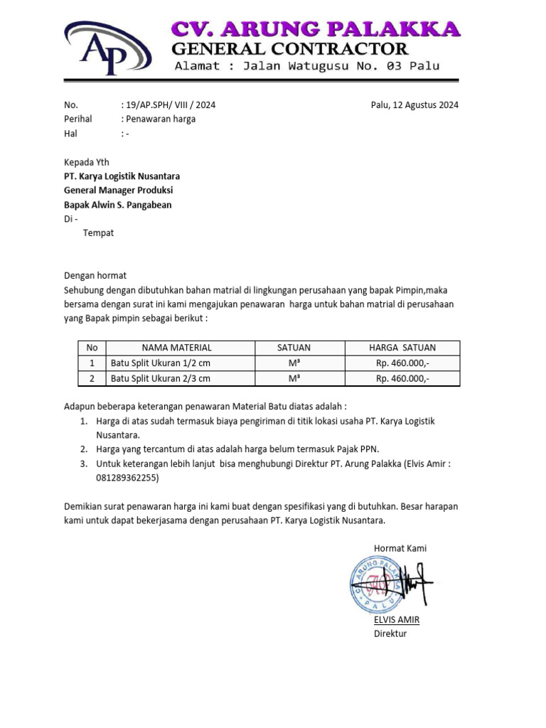 Surat Penawaran Batu Pecah Cv. Arung Palakka | PDF