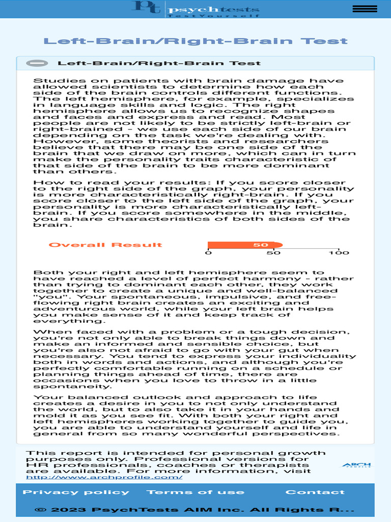 Psychtests Profile | PDF | Lateralization Of Brain Function | Brain