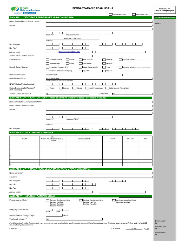 FORM BADAN USAHA - Pendaftaran BPJSTK | PDF