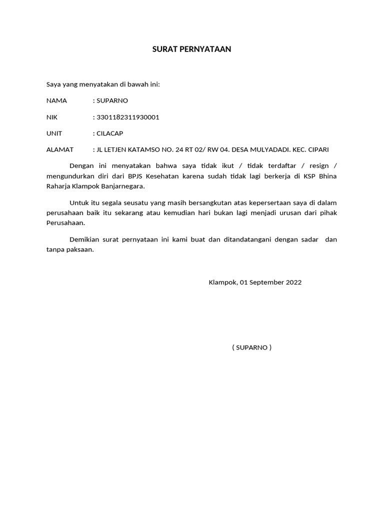 Surat Pernyataan Non Aktif Bpjs | PDF