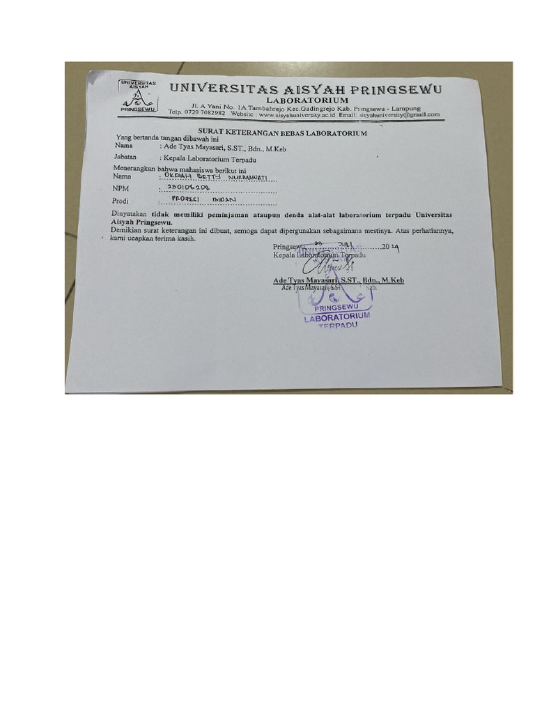 SURAT KETERANGAN BEBAS LAB | PDF