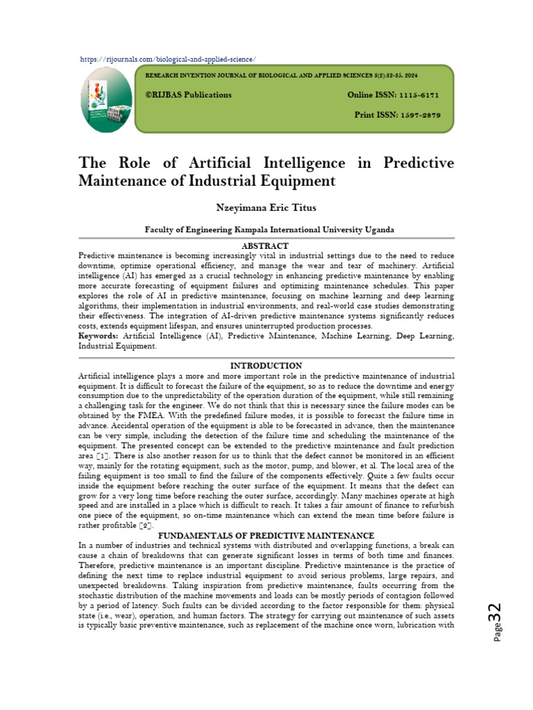 The Role of Artificial Intelligence in Predictive Maintenance of ... The Role of Artificial Intelligence in Predictive Maintenance of ...