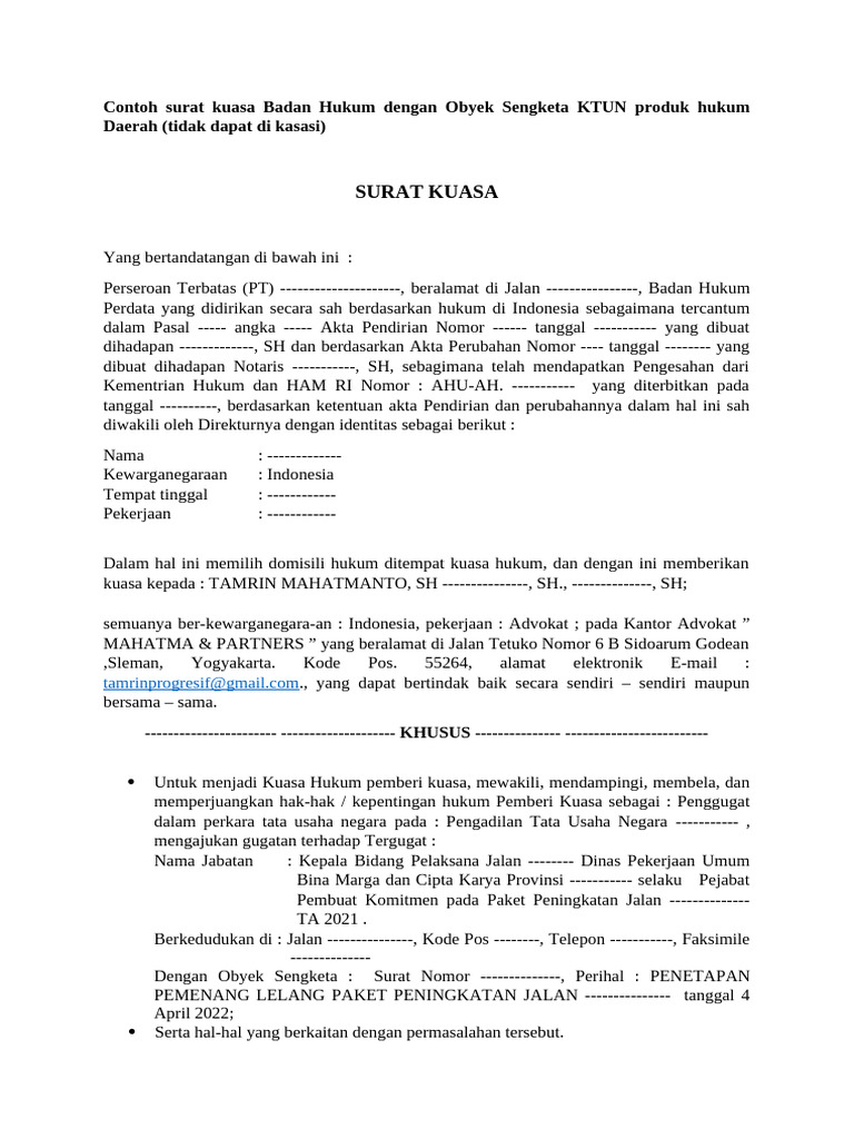 Contoh Surat Kuasa Badan Hukum Prop | PDF