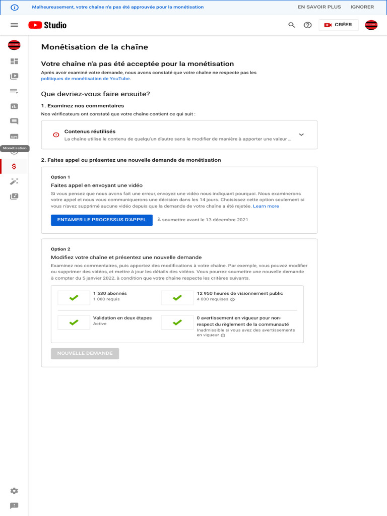Monétisation de La Chaîne - YouTube Studio | PDF