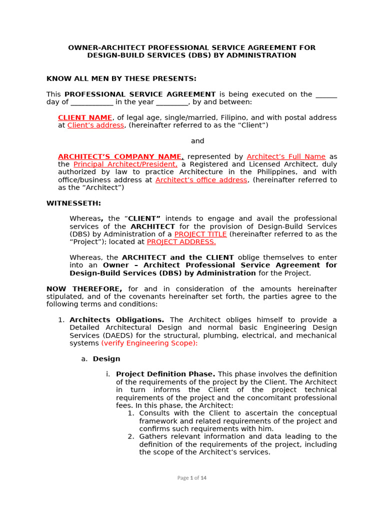 DBS TEMPLATE Professional Service Agreement Contract - Design Build ...