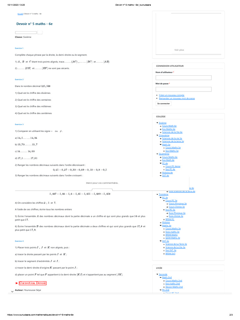 Devoir N° 5 Maths - 6e - Sunudaara | PDF