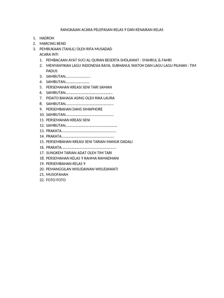 Rangkaian Acara Pelepasan Kelas 9 Dan Kenaikan Kelas | PDF Rangkaian Acara Pelepasan Kelas 9 Dan Kenaikan Kelas | PDF