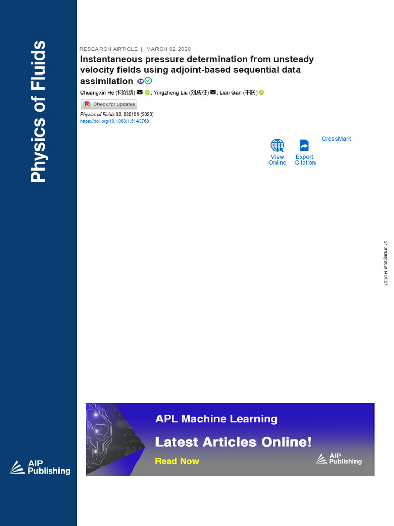 2020-POF-Instantaneous Pressure Determination From Unsteady Velocity Fields Using Adjoint-Based ...