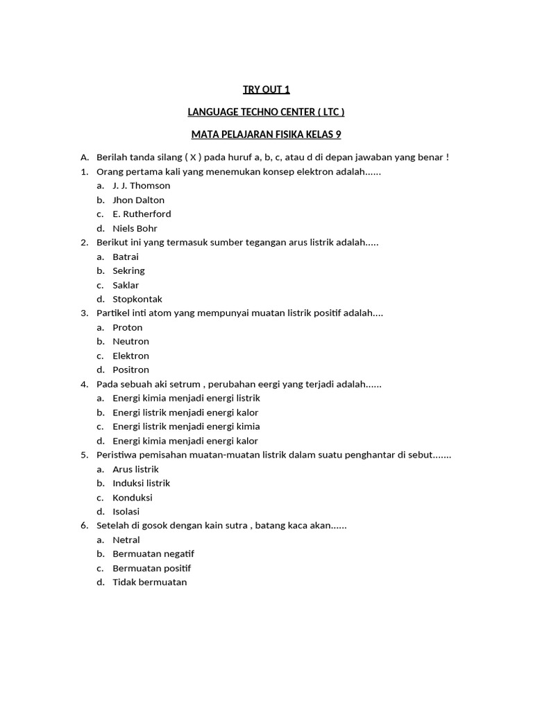 Try Out 1 Language Techno Center (LTC) Mata Pelajaran Fisika Kelas 9 | PDF