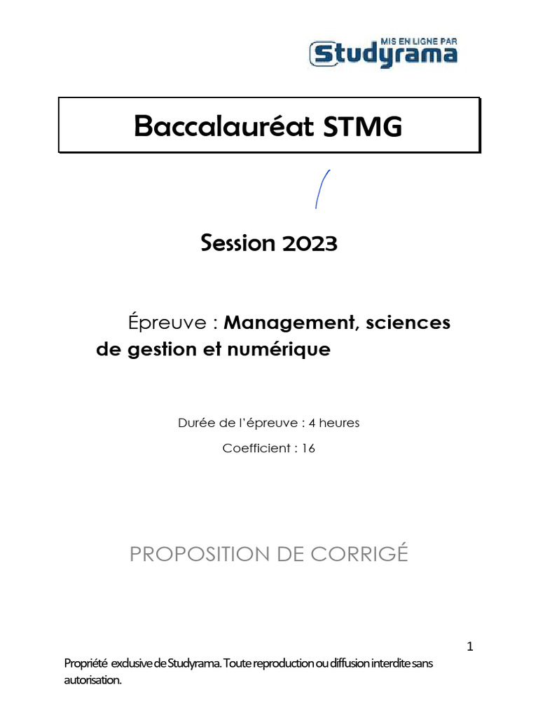 Bac STMG Management Sciences de Gestion Et Numerique Corrige | PDF