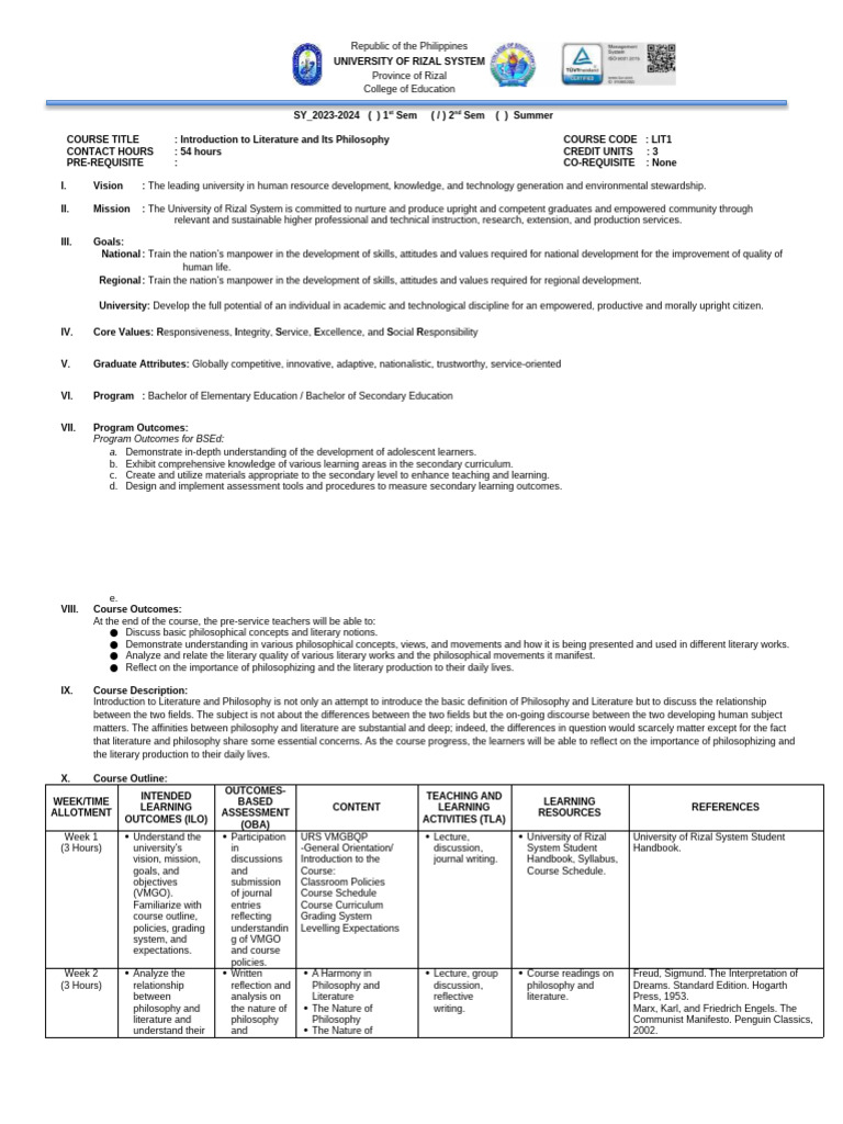 Course Syllabus OBE Format LIT1 | PDF Course Syllabus OBE Format LIT1 | PDF