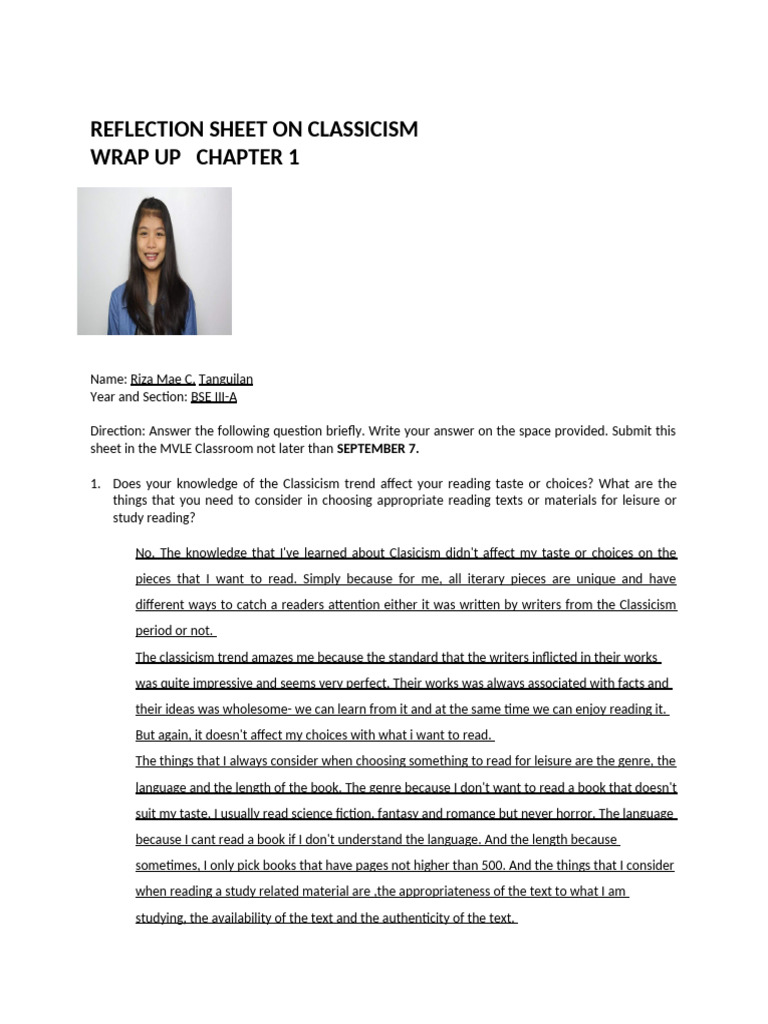 Reflection Sheet Wrap Up Chapter 1 Classicism 2 | PDF