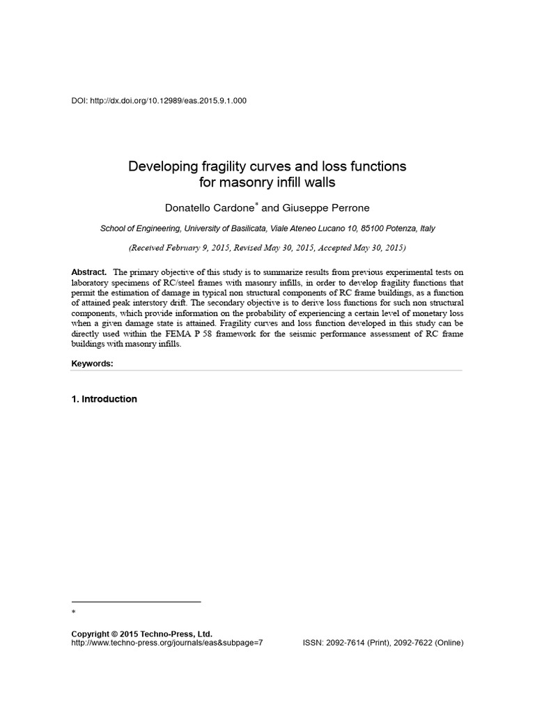 Developing Fragility Curves and Loss Functions for Masonry Infill Walls | PDF