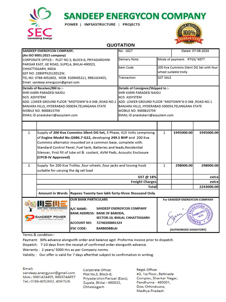 Karri Prasad Naidu 200 Kva Cummins Silent DG Set Quotation .PDF 01 | PDF