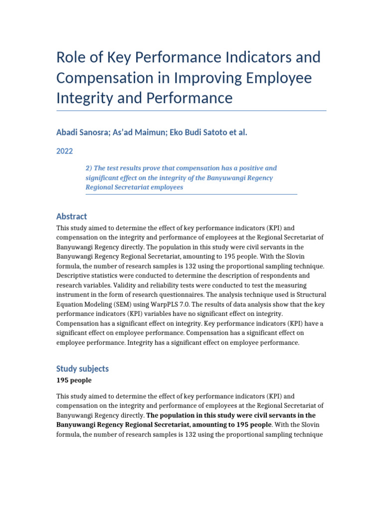 Role of Key Performance Indicators and Compensation in Improving ...