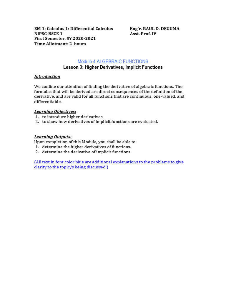 DC M4 L3 Higher Derivatives Implicit Functions | PDF