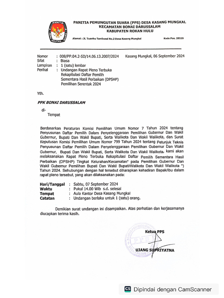 Undangan Pleno Dpshp Ppk Bonai Darussala | PDF