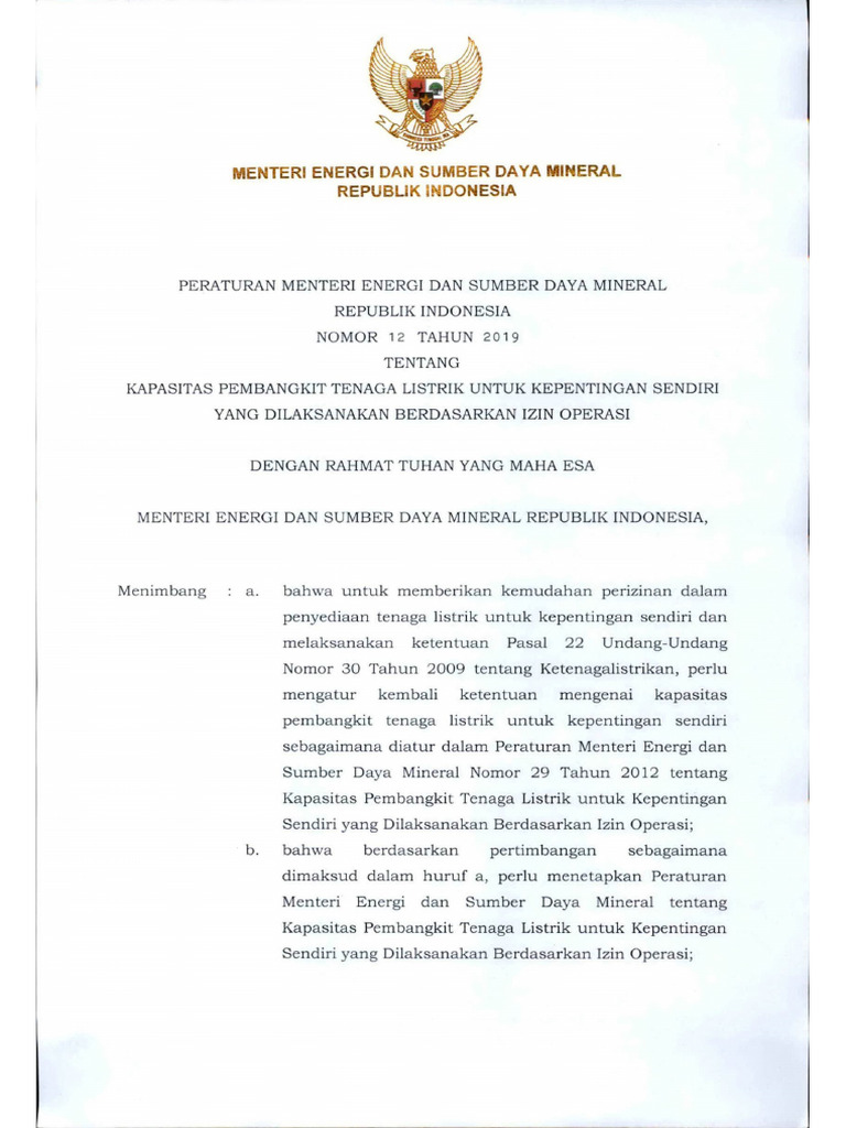 Permen ESDM No. 12 Tahun 2019 - Tentang Genset | PDF