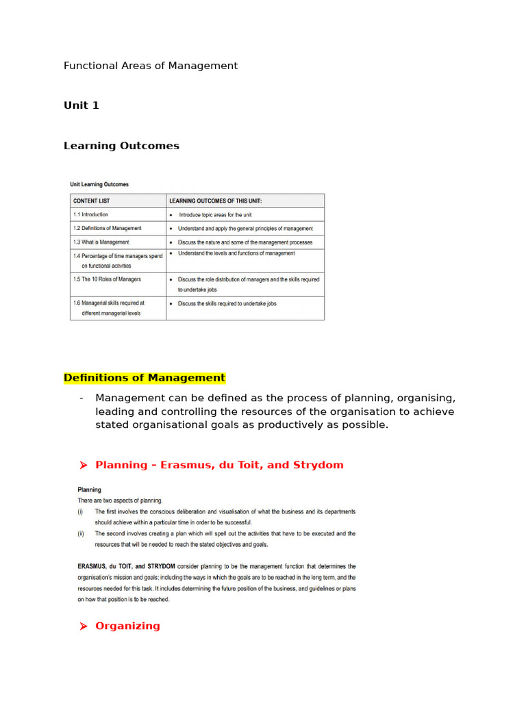 Functional Areas of Management - Notes | PDF