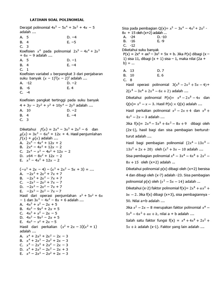 Latihan Soal Polinomial Kelas XI | PDF
