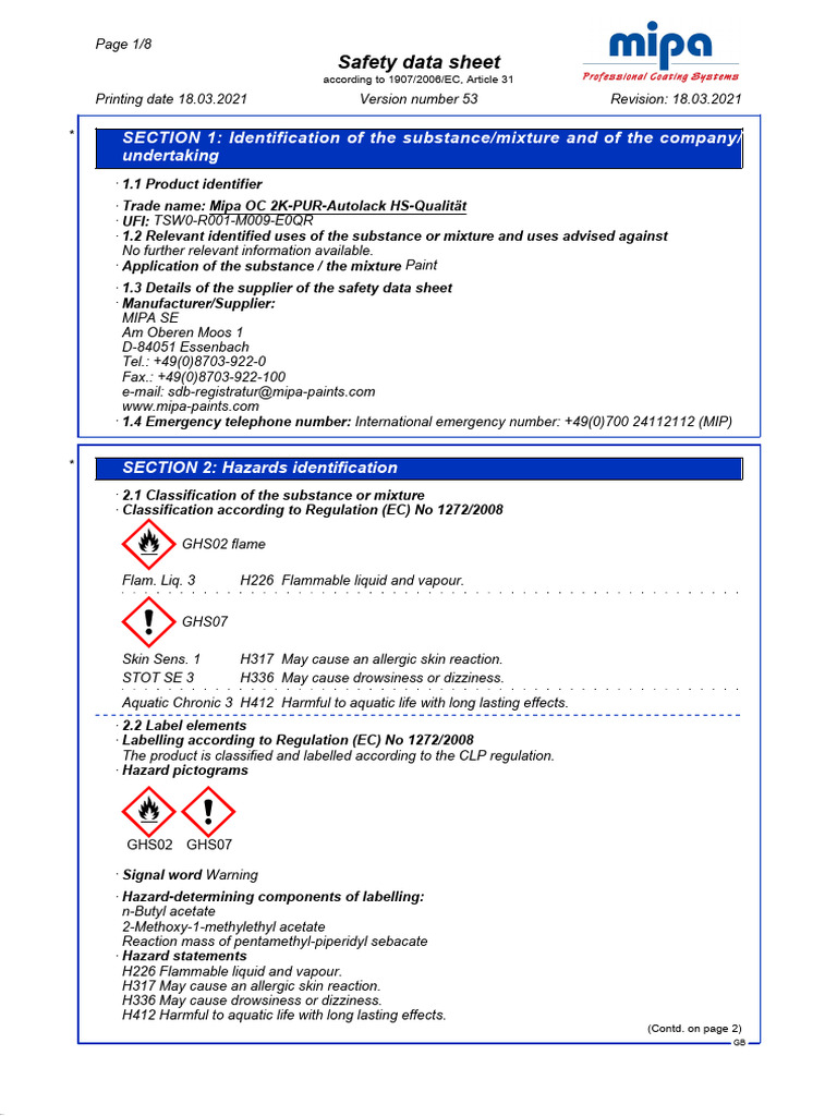 Mipa - OC - 2K-PUR-Autolack Safety Data Sheet | PDF