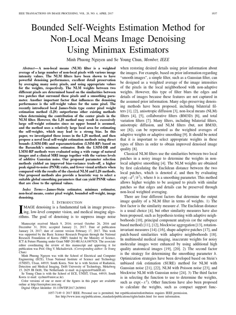 Bounded Self-Weights Estimation Method For Non-Local Means Image Denoising Using Minimax ...