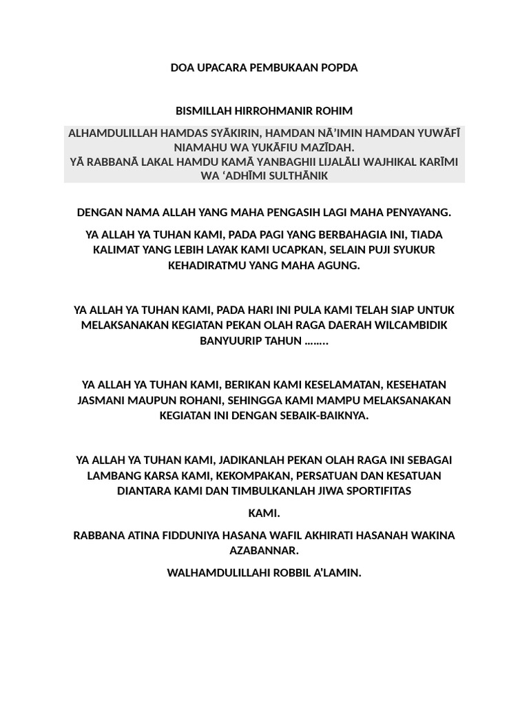 Doa Upacara Pembukaan Popda | PDF