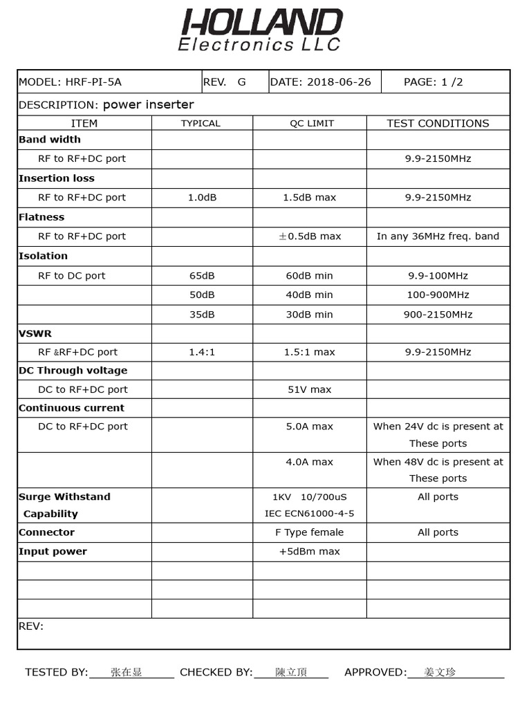 Bias-T HRF-PI-5A Spec - 062618 | PDF
