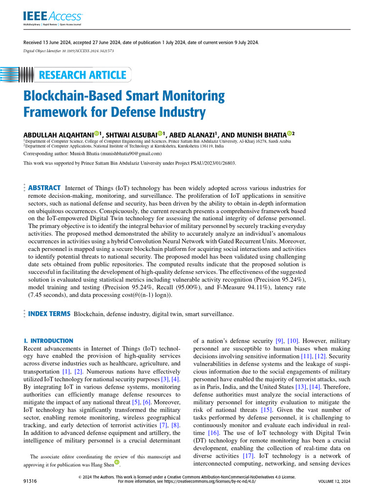 Blockchain-Based Smart Monitoring Framework for Defense Industry | PDF