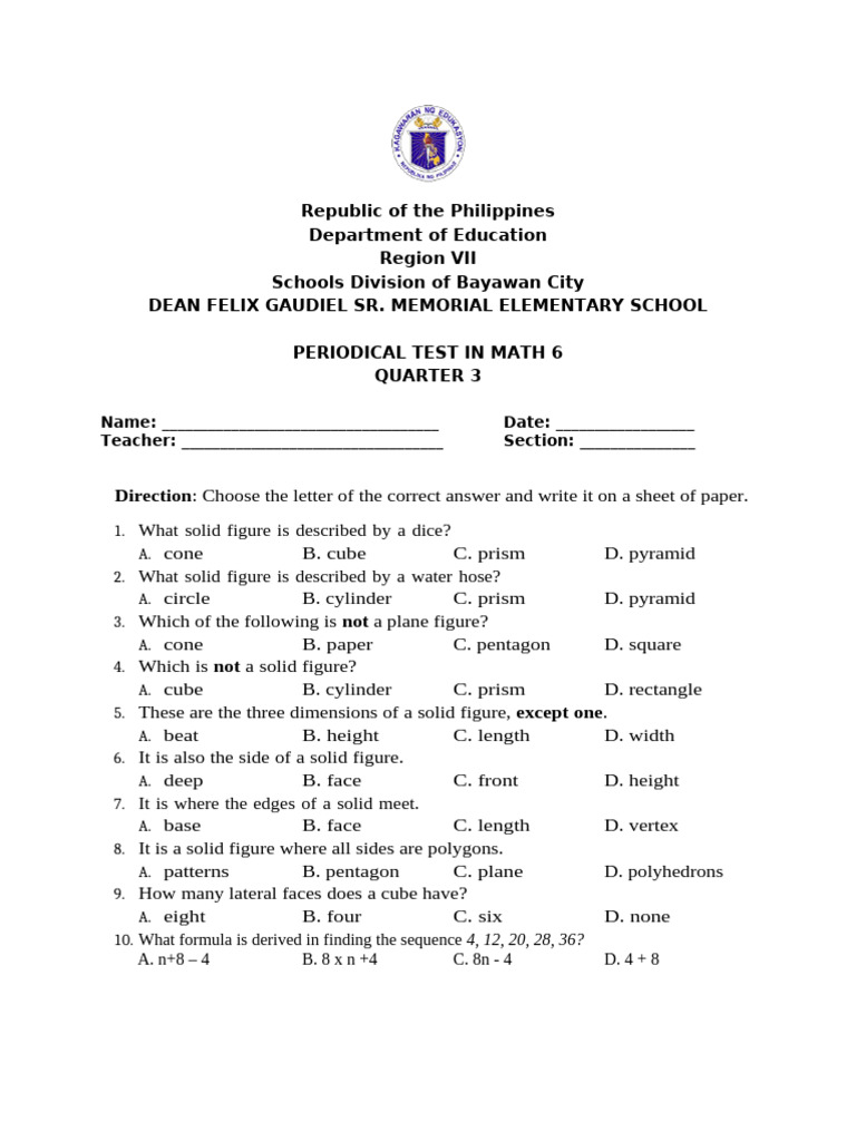 MATH 6 1 3rd Quarter Exam PDF