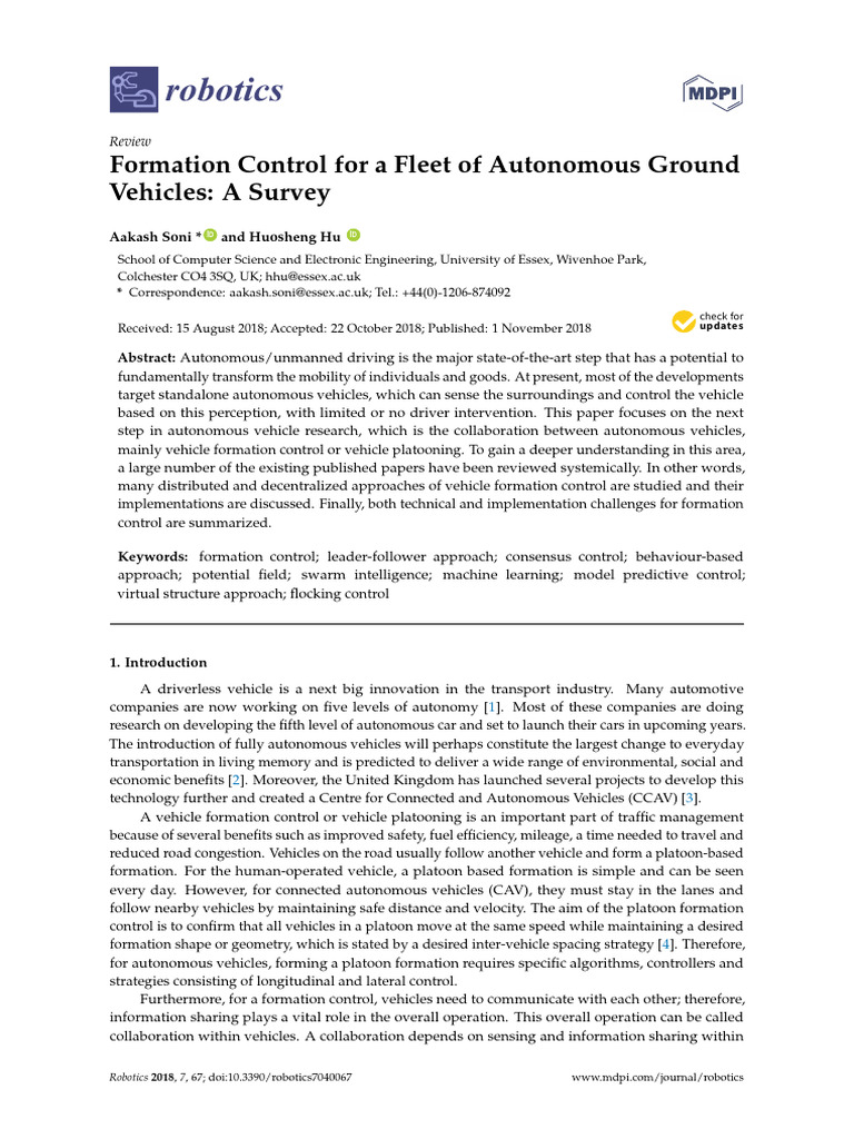 Formation Control For A Fleet of Autonomous GroundVehicles: A Survey | PDF