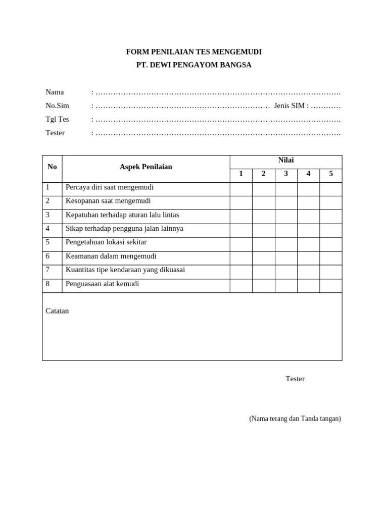 Form Penilaian Tes Driver | PDF