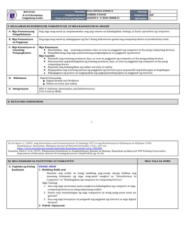 DLL Matatag - Epp 4 Q1 W2 | PDF